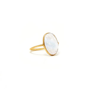 Oval Cut Rainbow Moonstone Gold Signet Ring