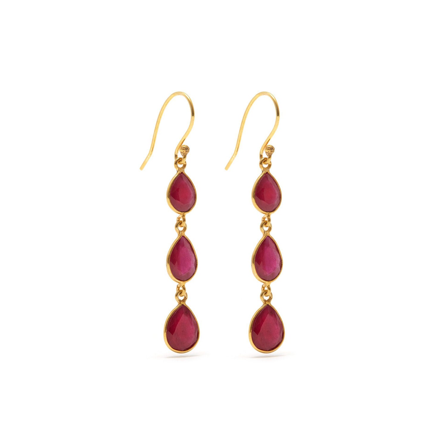 Ruby Triple Drop Gold Earrings